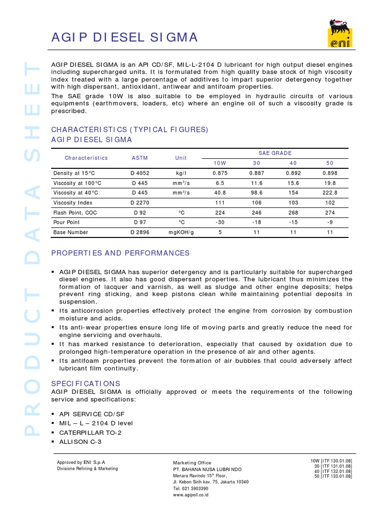 AGIP Diesel Sigma: A High-Performance API CD/SF Engine Oil for Diesel ...