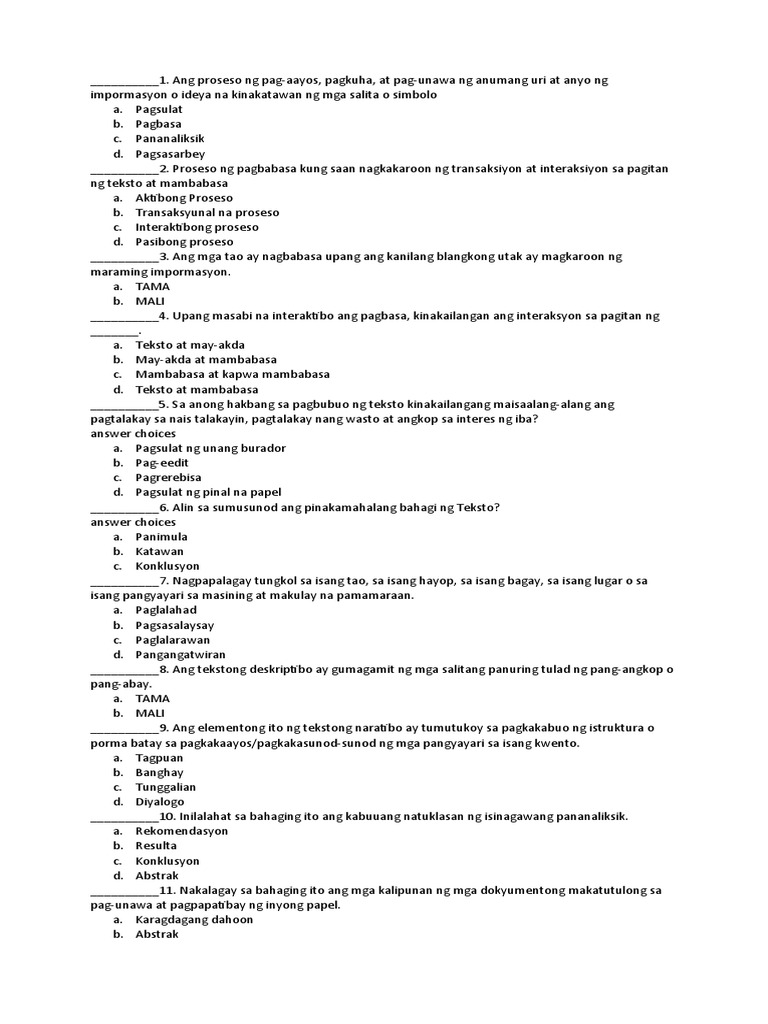 Pagbasa at Pagsuri Quiz | PDF