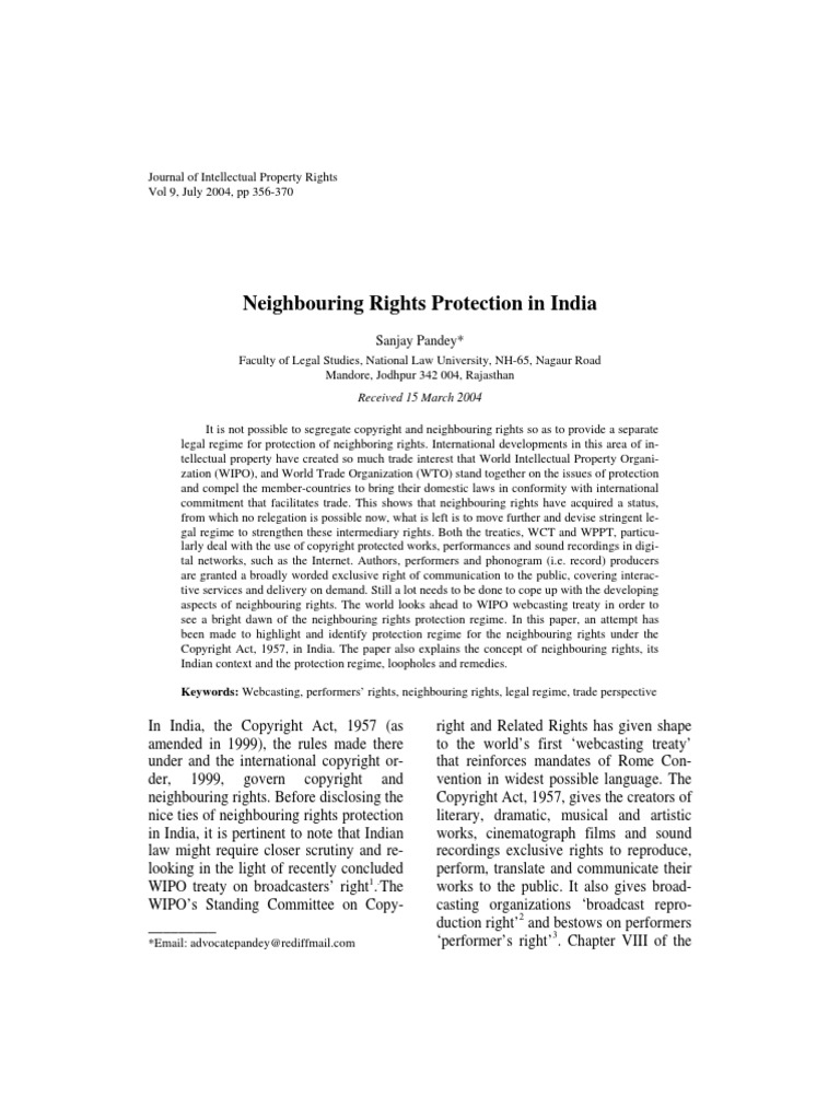 Neighbouring Rights Protection in India: Sanjay Pandey | PDF ...