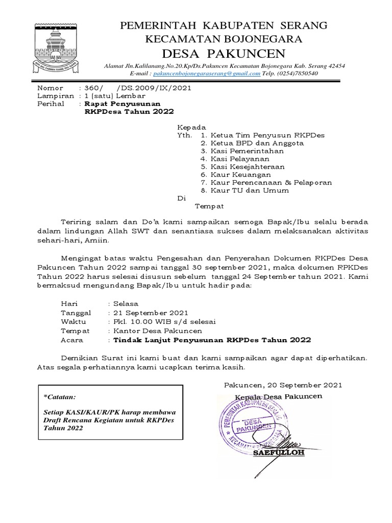 Undangan Rapat Penyusunan RKPDes | PDF | Seni