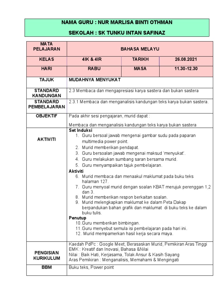 Nama Guru: Nur Marlisa Binti Othman Sekolah: SK Tunku Intan Safinaz | PDF