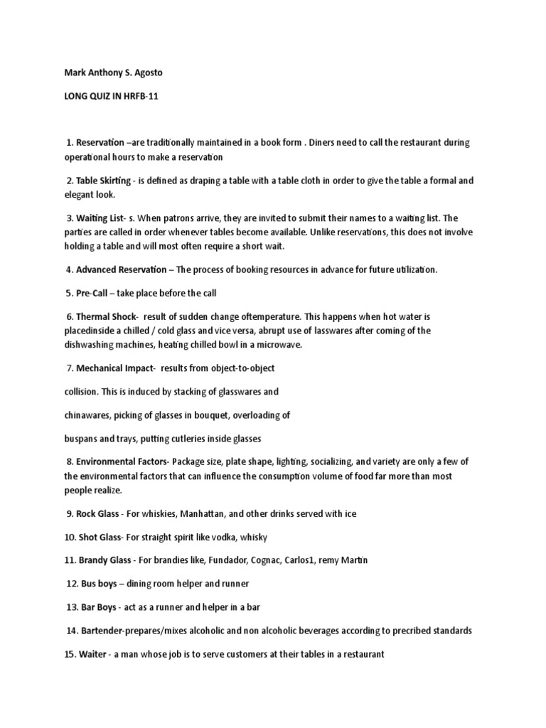 Mark Anthony S. Agosto Long Quiz in Hrfb-11 | PDF | Hors D'oeuvre ...