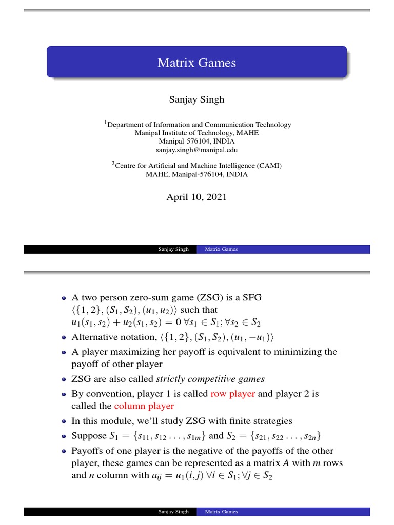 Handouts-Matrix Games | PDF | Matrix (Mathematics) | Gaming