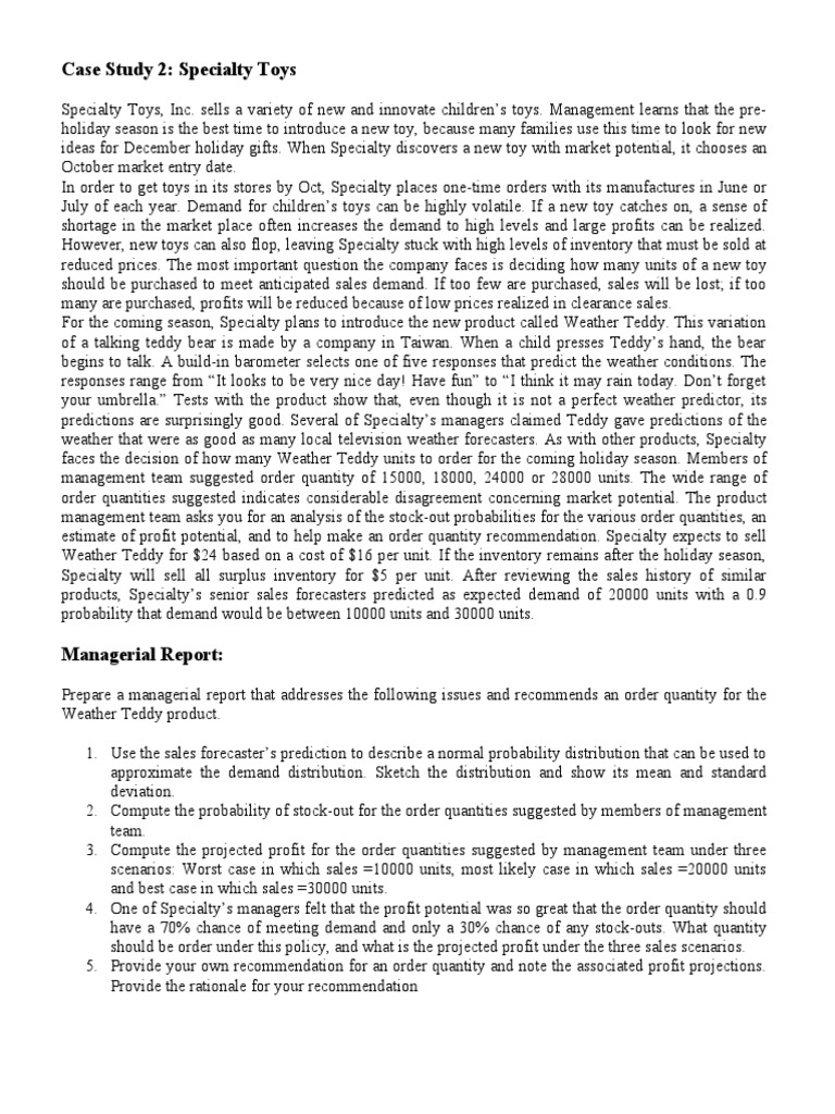 Case Study 2: Specialty Toys | PDF | Demand | Inventory