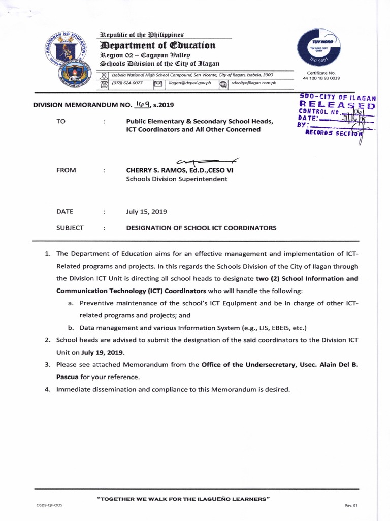 Division Memo No. 169 s2019 - Designation of School ICT Coordinators | PDF | Educational ...