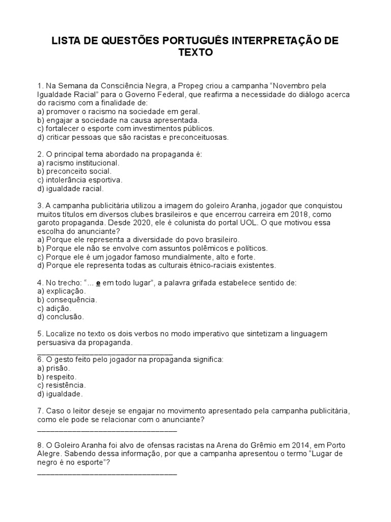 Lista de Questões Português Interpretação de Texto | PDF | Racismo ...
