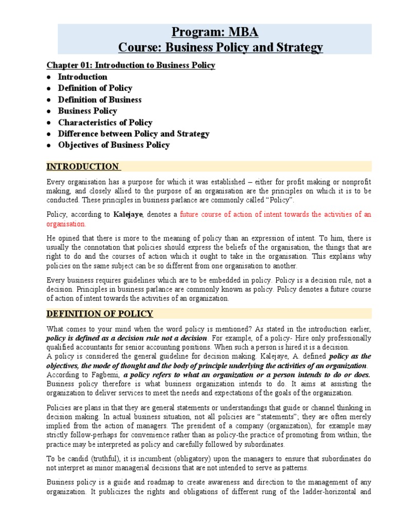 CHP 01 - Introduction To Business Policy | PDF | Policy | Corporations