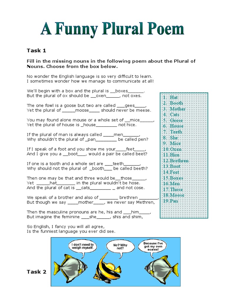 Plural Nouns Poem Exercise | PDF | Plural | Grammatical Gender