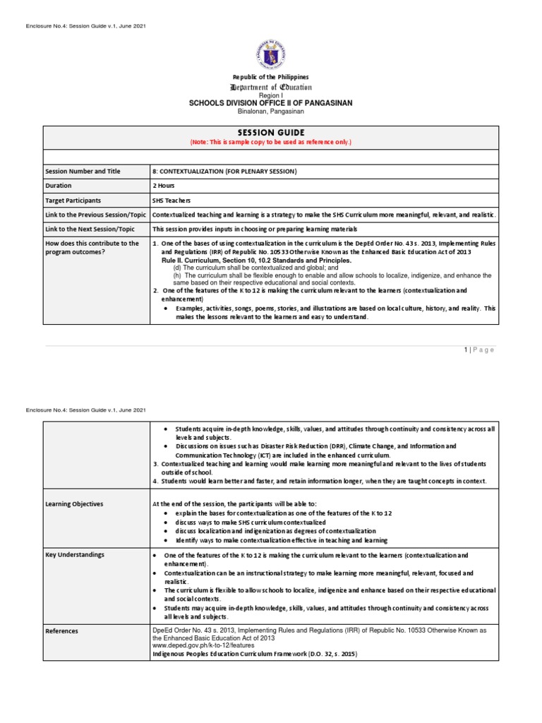 Enclosure No 4 - Session Guide v1 June 2021 | PDF | Curriculum | Learning