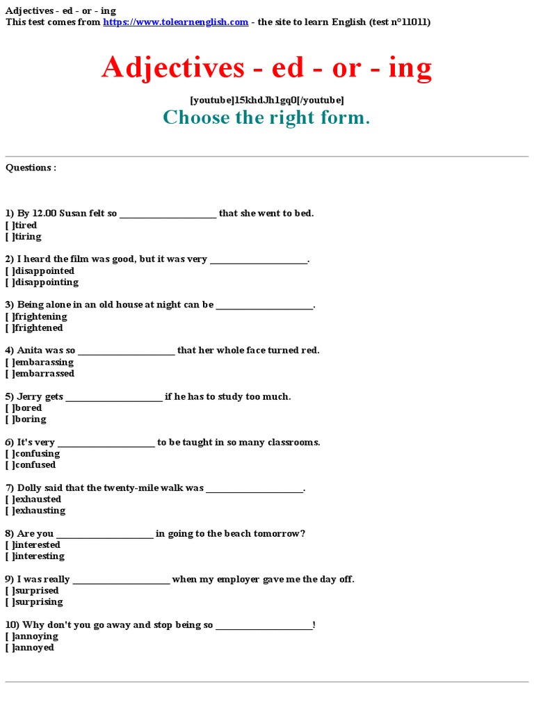 Adjectives: -ed vs -ing Quiz | PDF