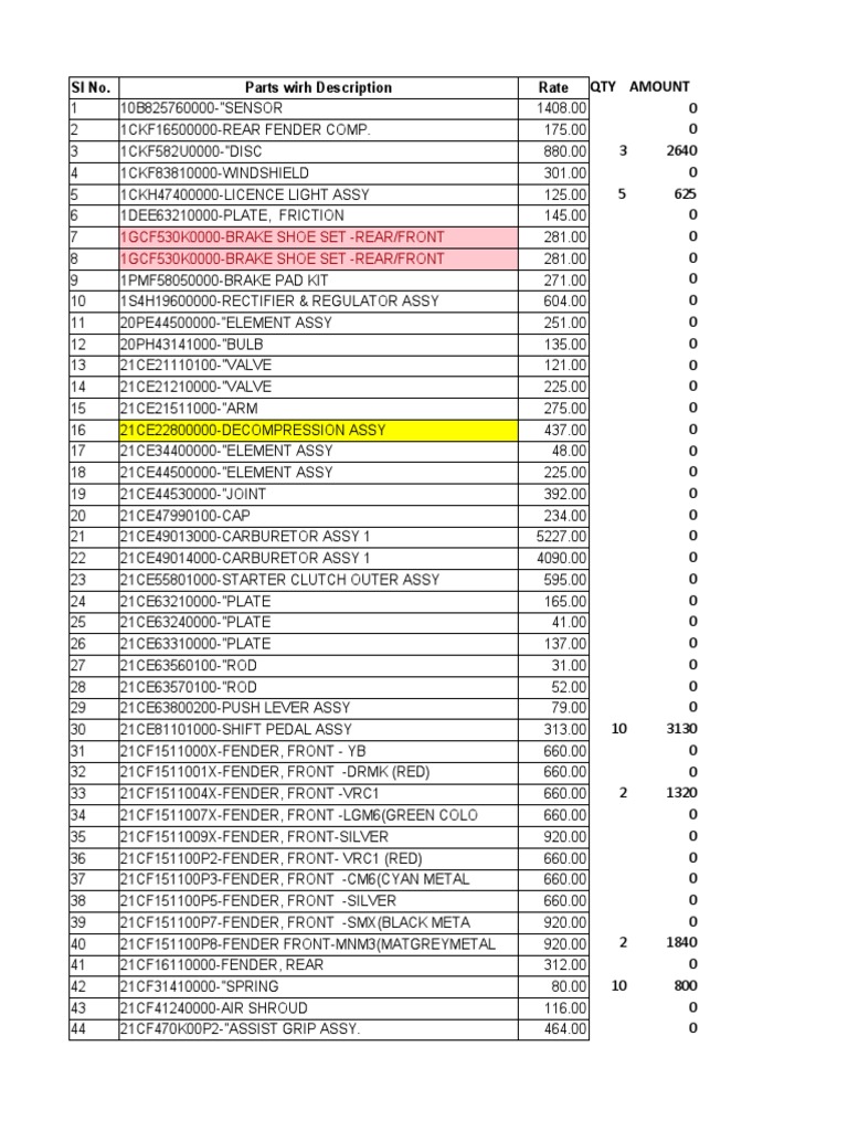 Motorcycle Parts Inventory | PDF | Mechanical Engineering | Car Body Styles