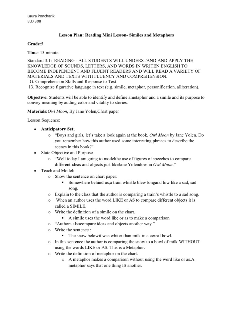 Owl Moon: Figurative Language Guide | PDF | Reading Comprehension ...