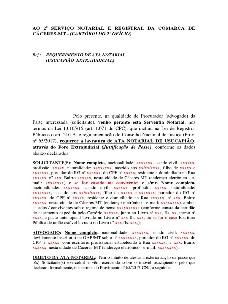 Requerimento - Ata Notarial de Usucapião Extrajudicial | PDF | Direito Privado | Direito Comum
