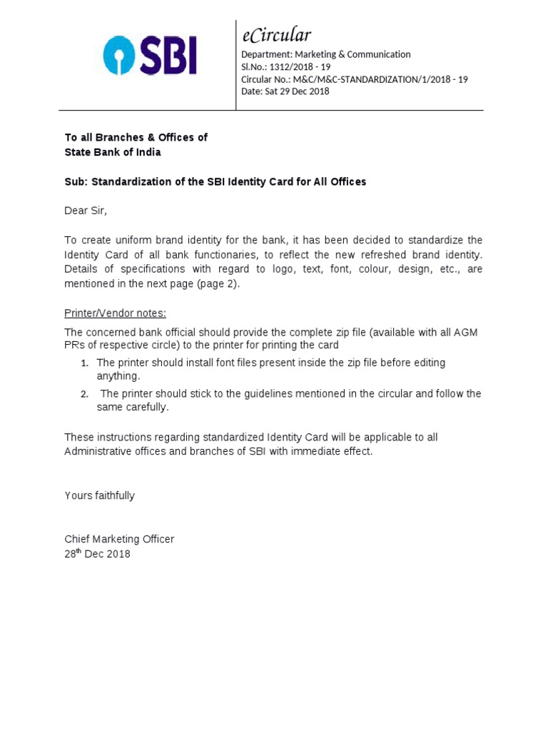 E-Circular Standardization of The Sbi Identity Card | PDF