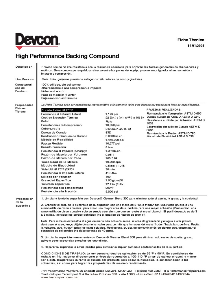 Devcon 81096 High Performance Backing Compound FT | PDF | Agua | Química
