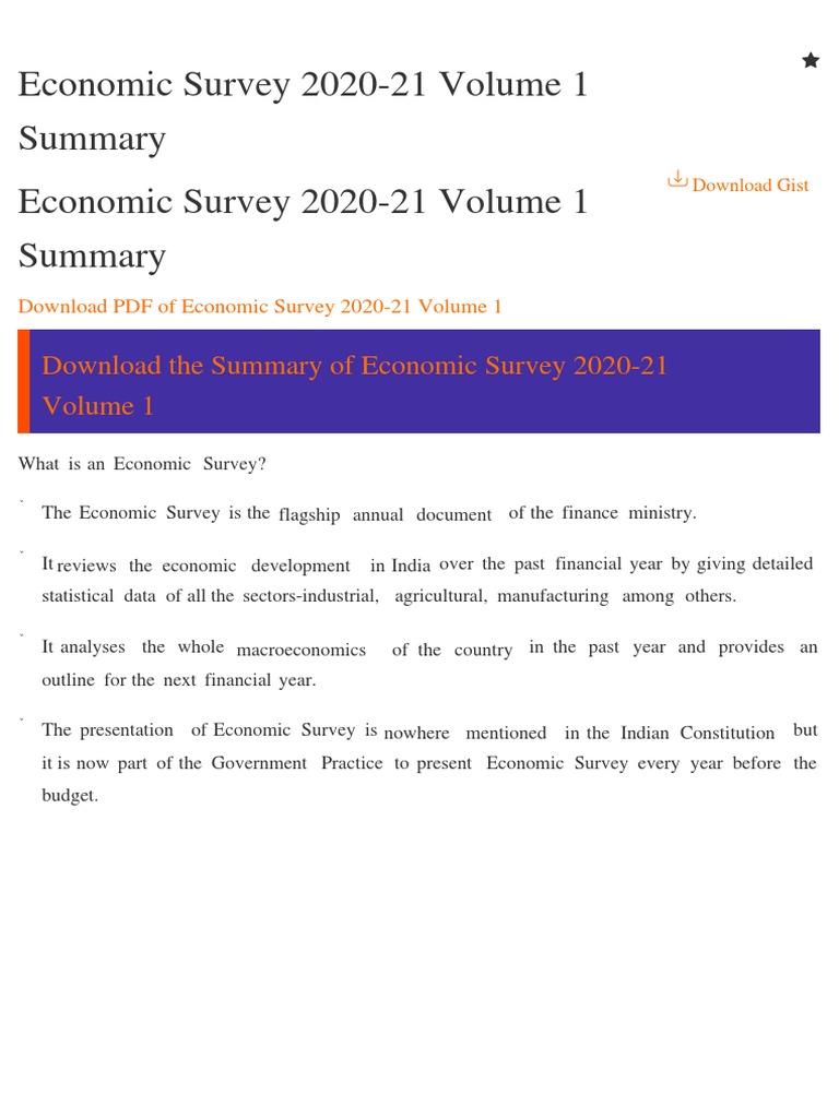 Economic Survey 2020-21 Volume 1 Summary | PDF | Budget | Economies