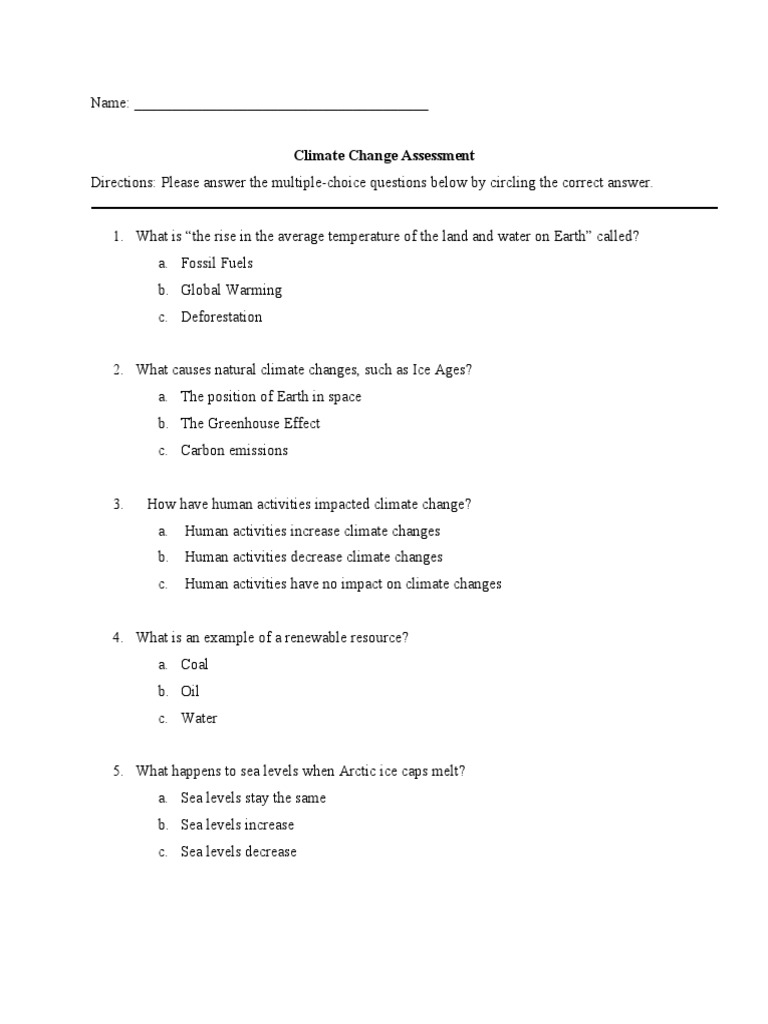 Climate Change Quiz for Students | PDF | Climate Change | Human Impact ...