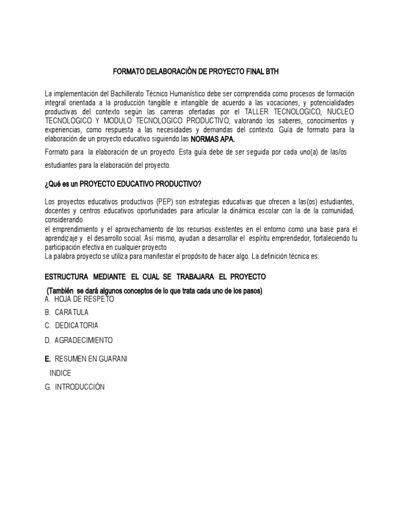 Formato de Elaboración de Proyecto Final BTH | PDF | Presupuesto ...