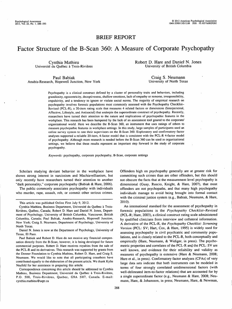 Factor Structure of The B-Scan 360: A Measure of Corporate Psychopathy ...