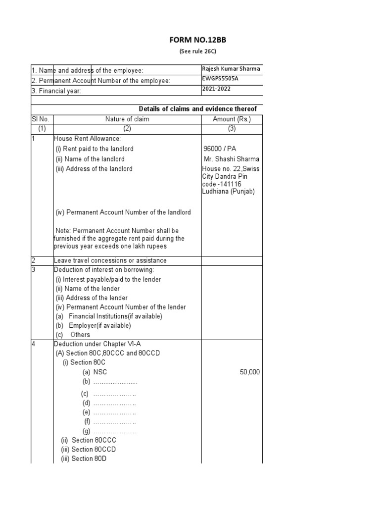 Form No.12Bb: Details of Claims and Evidence Thereof | Download Free ...
