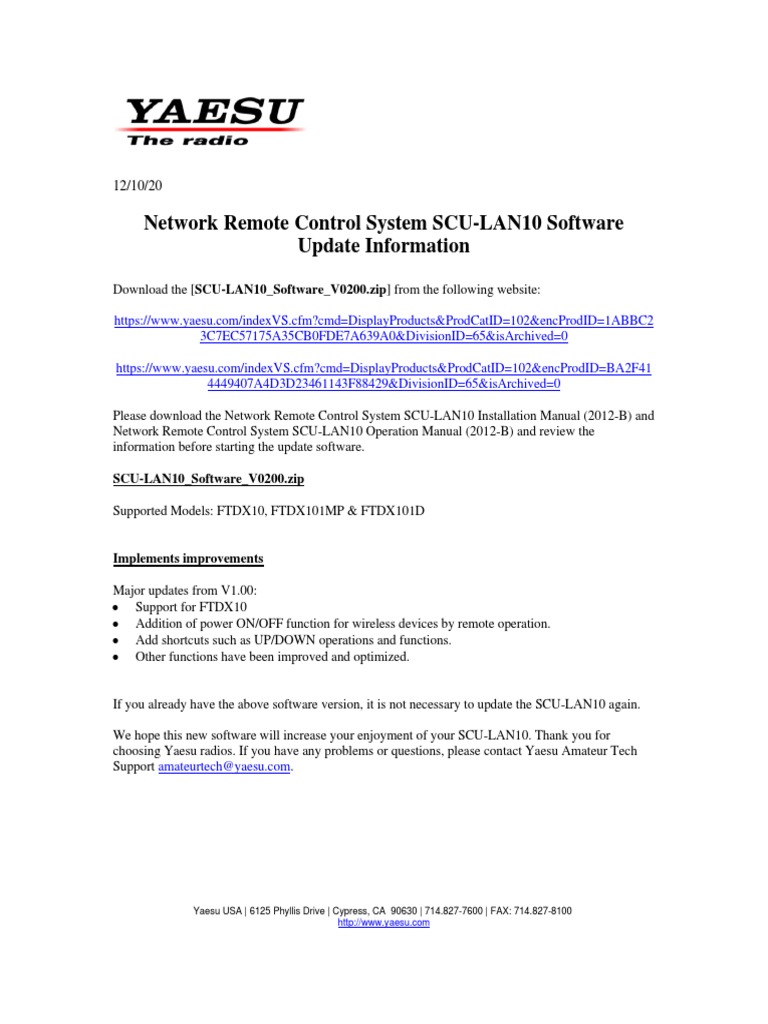 Network Remote Control System SCU-LAN10 - Software Update Information | PDF