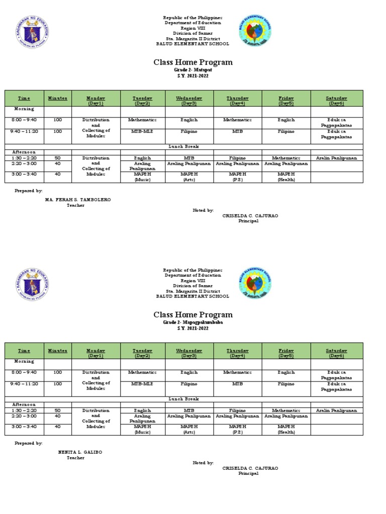 Class Home Program: Grade 2-Matapat S.Y. 2021-2022 | PDF | Academic Term | Schools