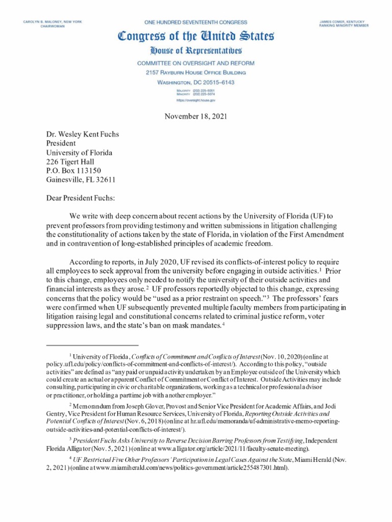 Congressional Letter To UF President Wesley Fuchs | PDF
