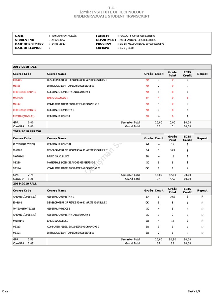 Taylan Karacelik's Transcript from Izmir Institute of Technology ...