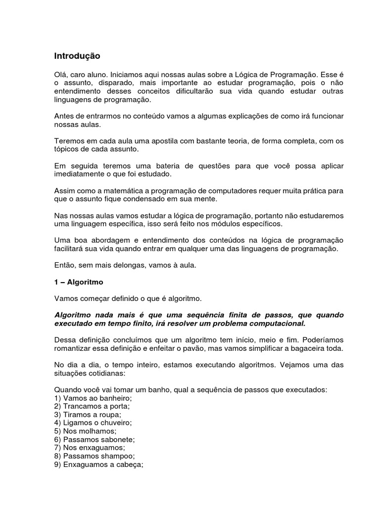 Aula 1 - Algoritmo e Lógica de Programação | PDF | Algoritmos ...