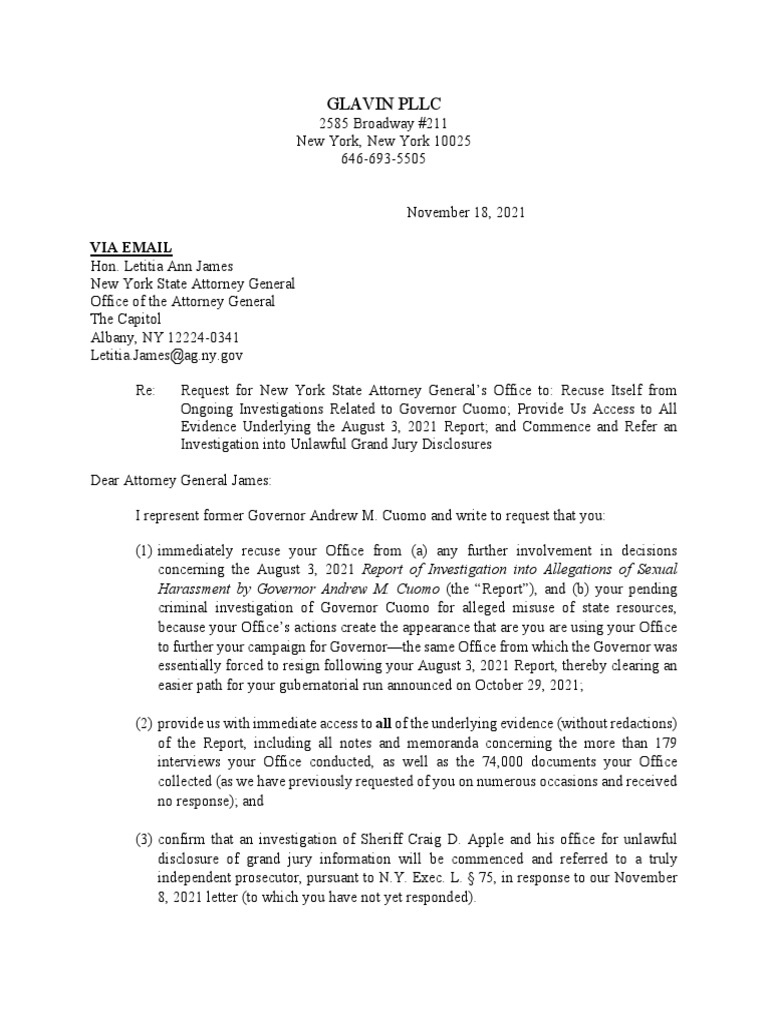 Cuomo's Legal Request to AG James | PDF | Discovery (Law) | Witness