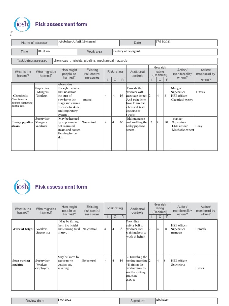 Risk Assessment Form: Chemicals | PDF | Safety | Occupational Safety ...