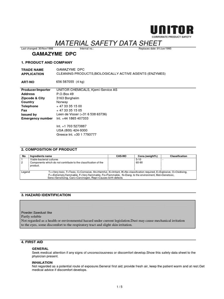 Material Safety Data Sheet: Gamazyme DPC | PDF | Firefighting | Water