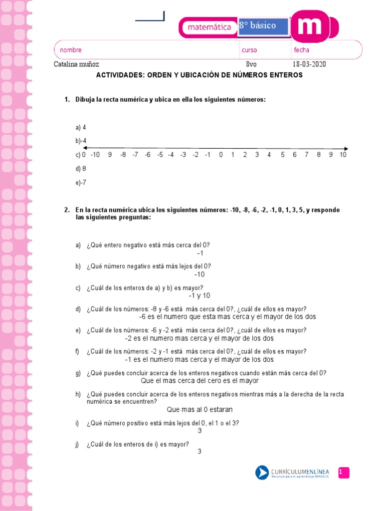 Ordenando y ubicando números enteros en una recta numérica | PDF ...