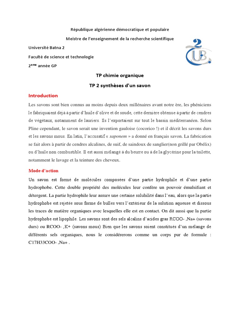 TP Preparation Dun Savon | PDF | Savon | Chimie