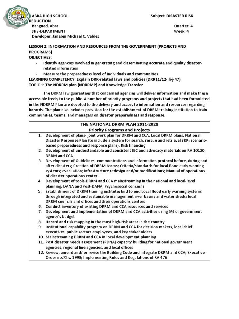 Reduction: The National DRRM Plan 2011-2028 Priority Programs and ...