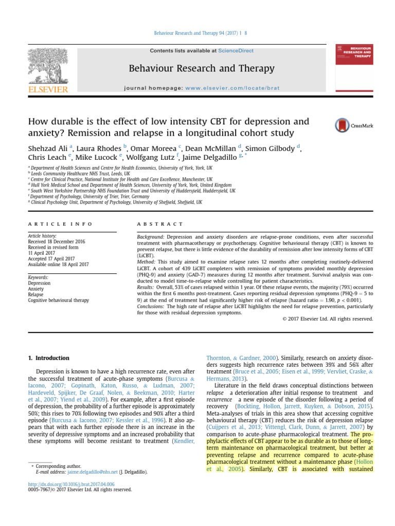 Ali Et Al., 2017 How Durable Is The Effect of Low Intensity CBT For ...