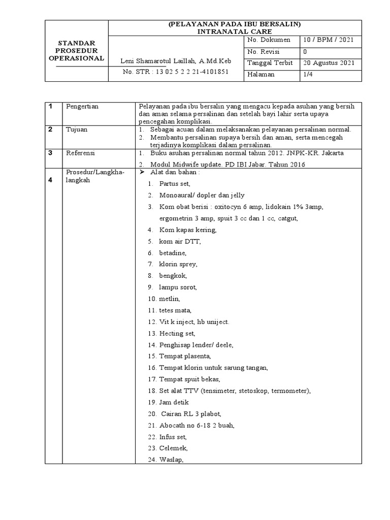 Sop Intranatal Care | PDF