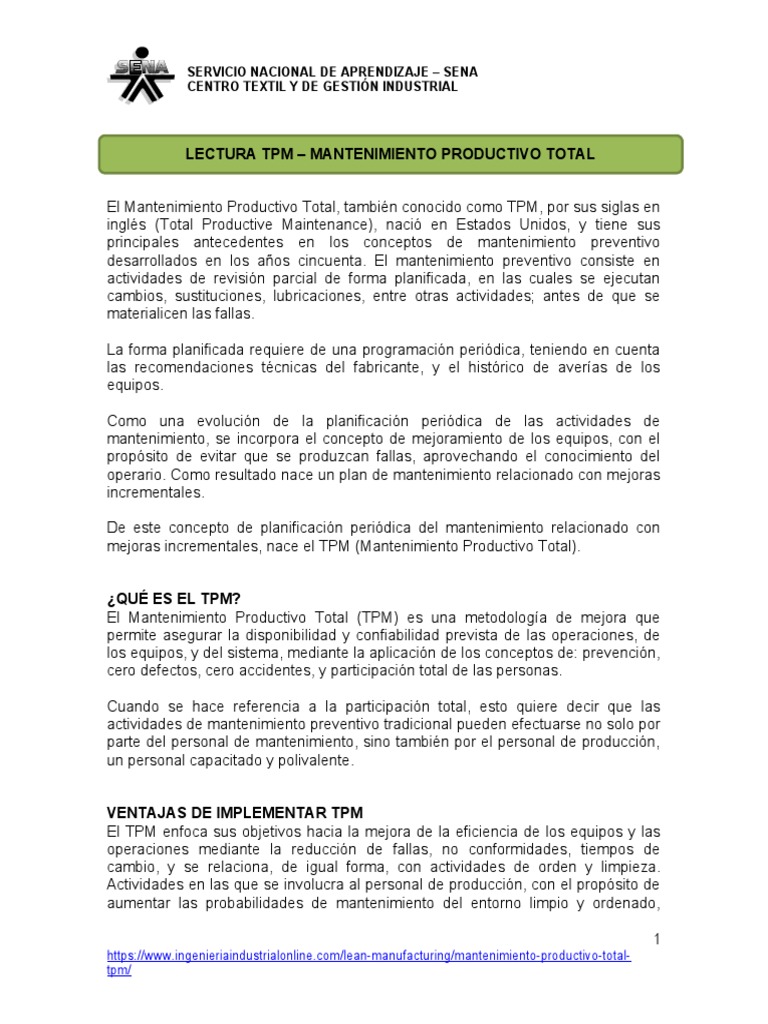Lectura TPM - Mantenimiento Productivo Total | PDF | Negocios