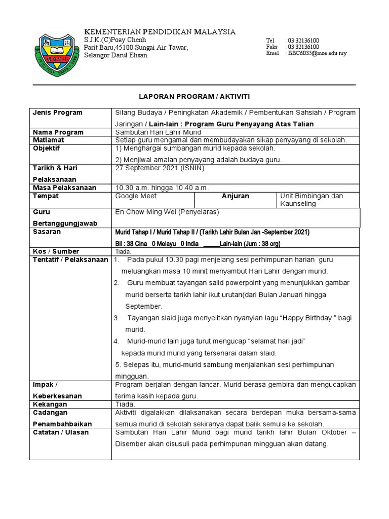 Laporan Program Guru Penyayang - Hari Lahir Murid | PDF