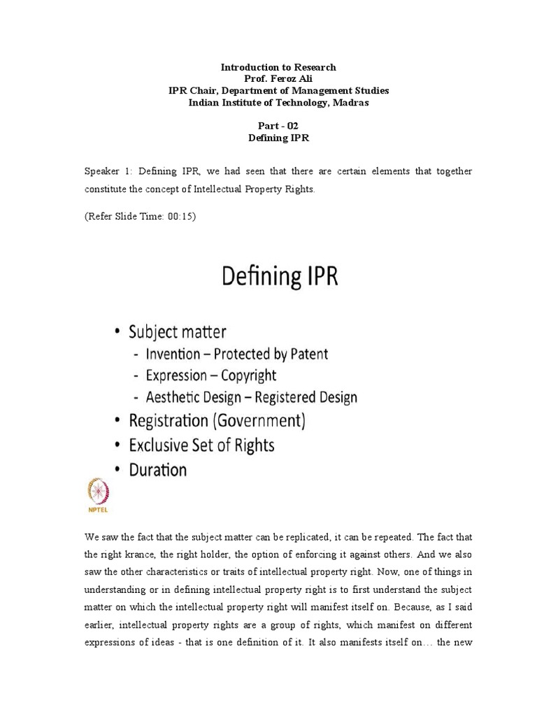 Introduction To Research Prof. Feroz Ali IPR Chair, Department of ...