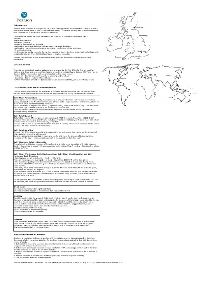 Pearson Edexcel GCE AS and AL Mathematics Data Set - Issue 1 | PDF | Statistics | Pascal (Unit)
