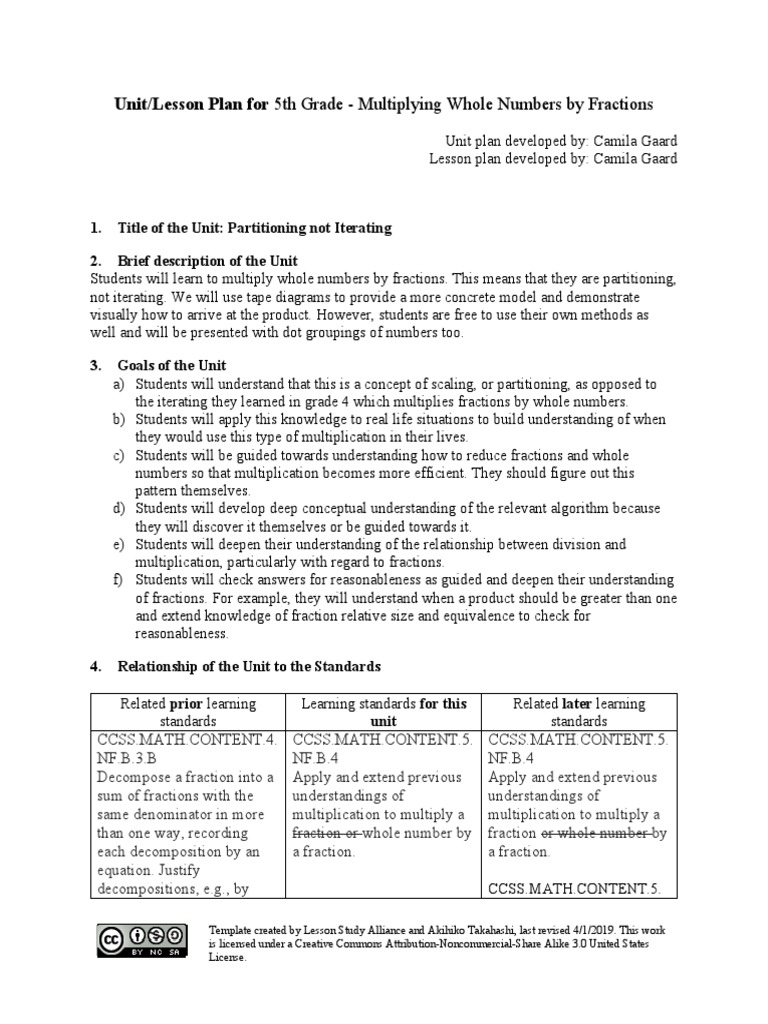 Unit/Lesson Plan For 5th Grade - Multiplying Whole Numbers by Fractions ...