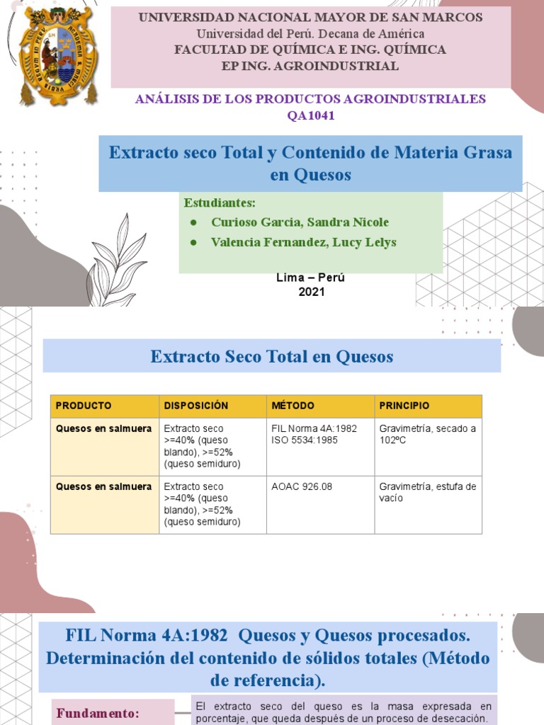 Extracto Seco Total y Contenido de Materia Grasa en Quesos | PDF ...
