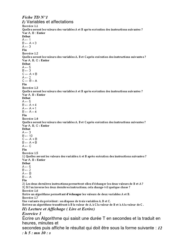 Fiche TD N°1 Et 2 Prepa Ing1 | PDF