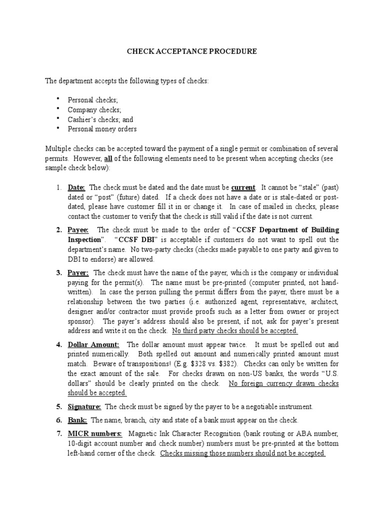Check Acceptance Procedure - Revised | PDF | Cheque | Payments
