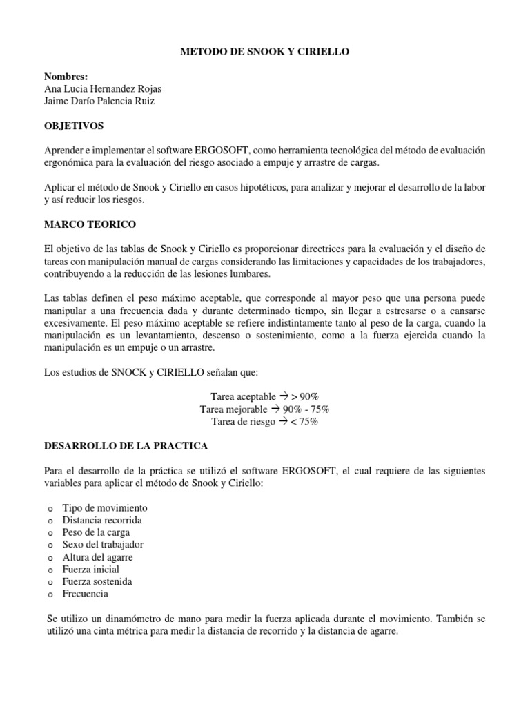 Método Snook y Ciriello en Ergonomía | PDF | Factores humanos y ergonomía