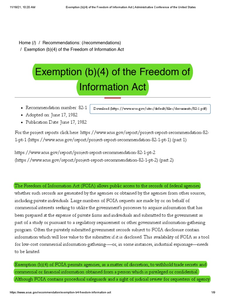 Exemption (B) (4) of The Freedom of Information Act - Administrative ...