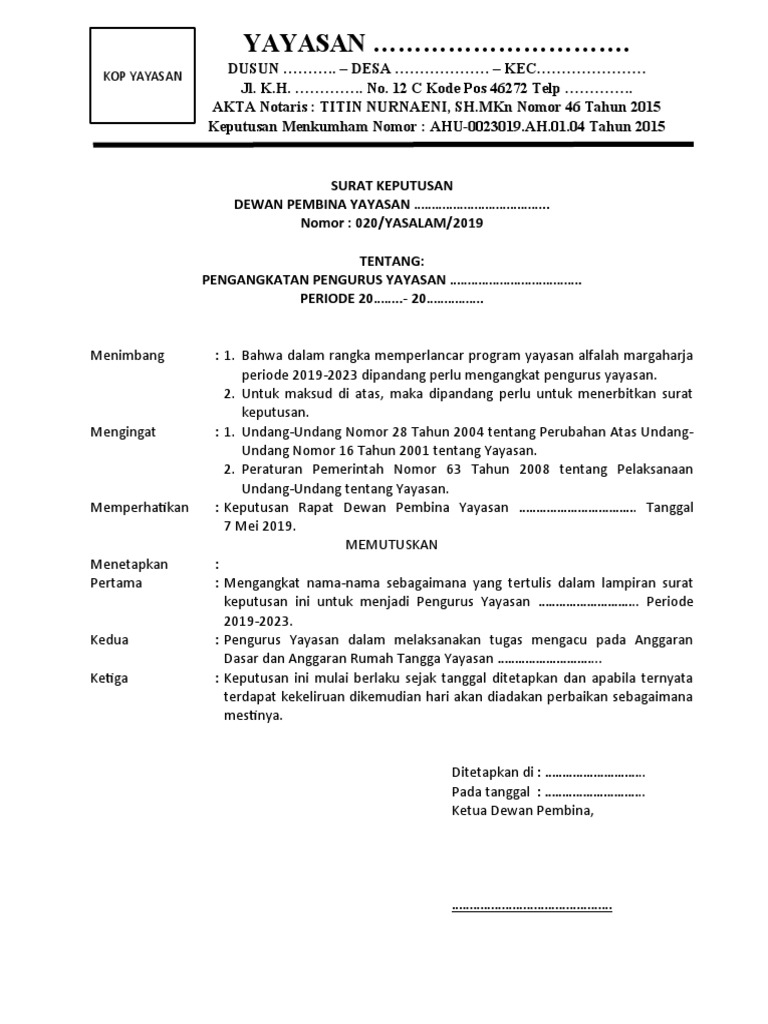 Contoh SK Yayasan | PDF