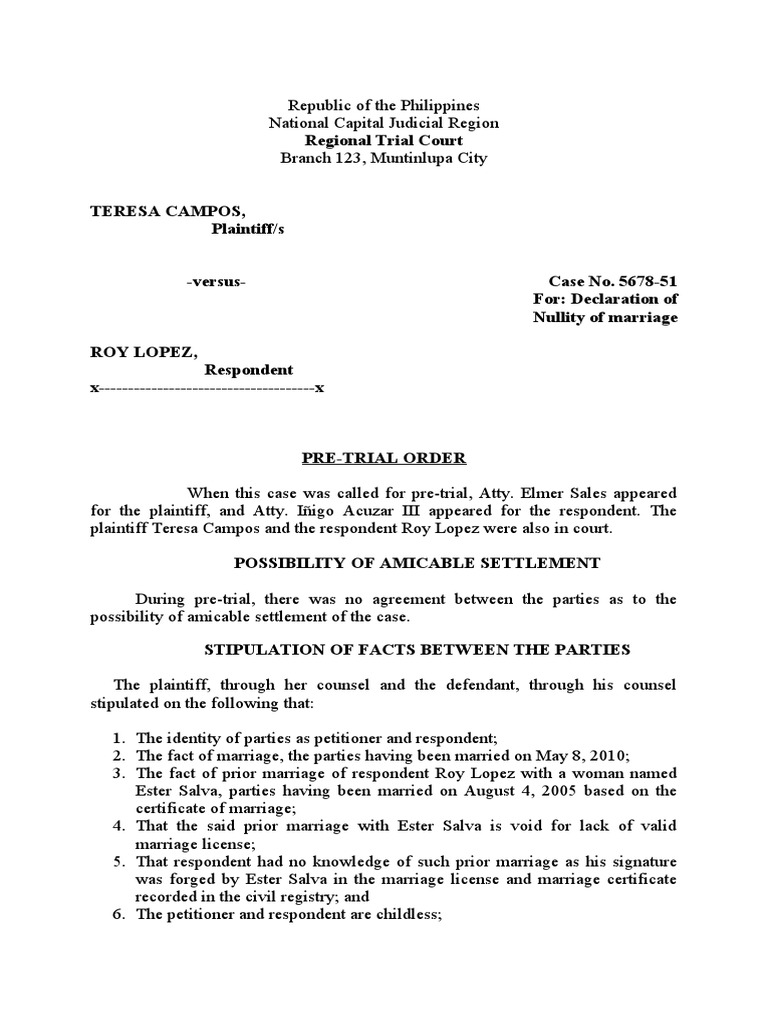 Pre Trial Order and Minutes of Pre Trial Template 2021 | PDF ...