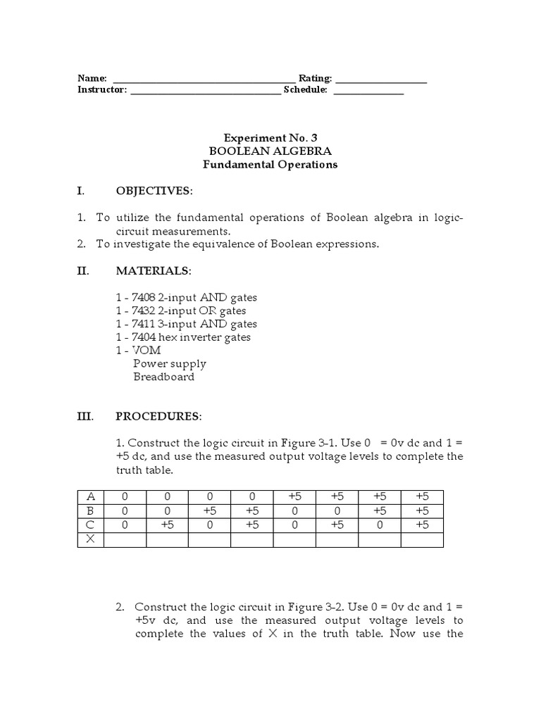 Experiment No. 3 Boolean Algebra Fundamental Operations I. Objectives ...